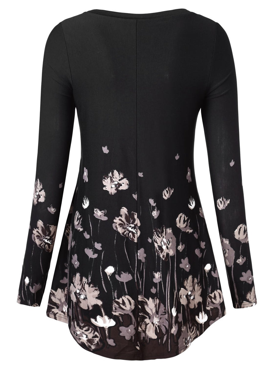 BAISHENGGT Black Floral Women's Long Sleeve Loose Flared Tunic Tops