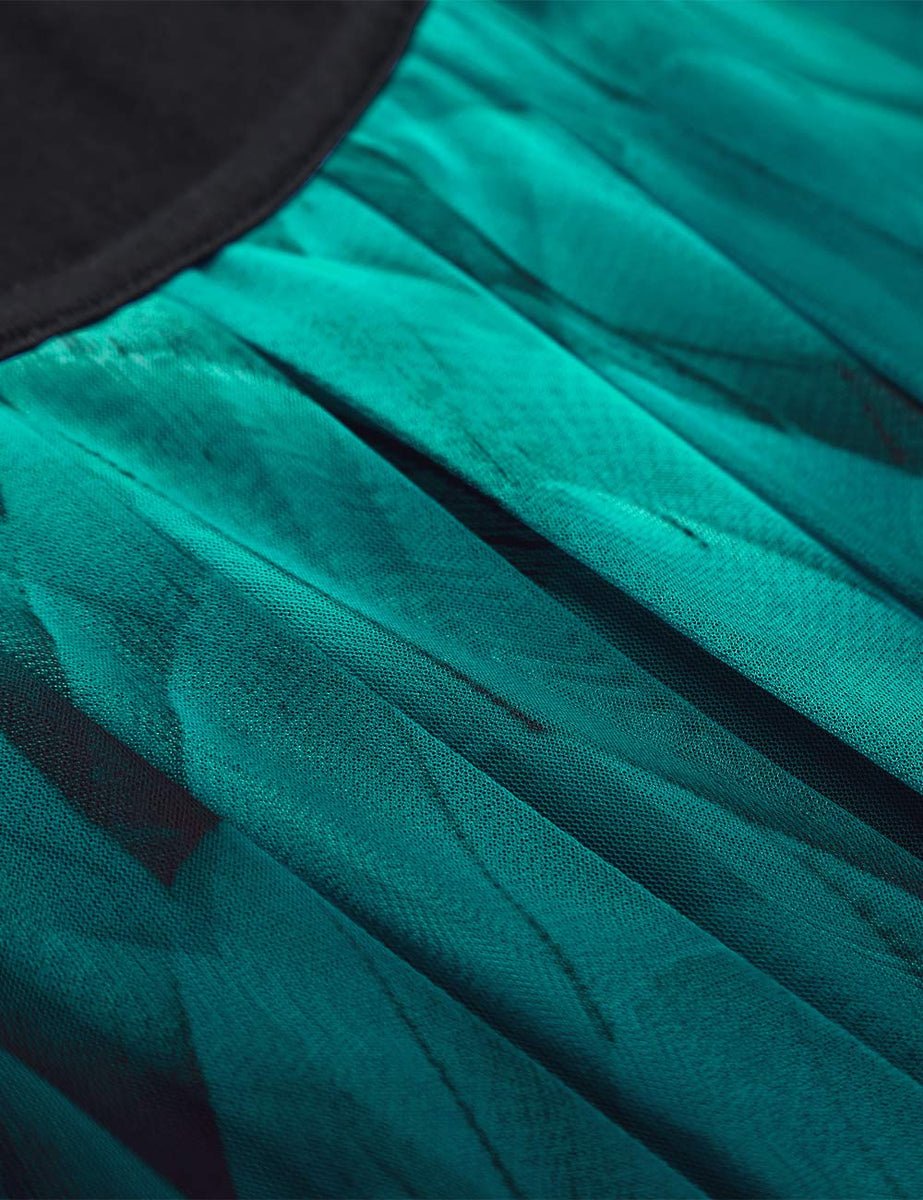 BAISHENGGT Peacock Blue Women's Printed Flouncing Flared Short Sleeve