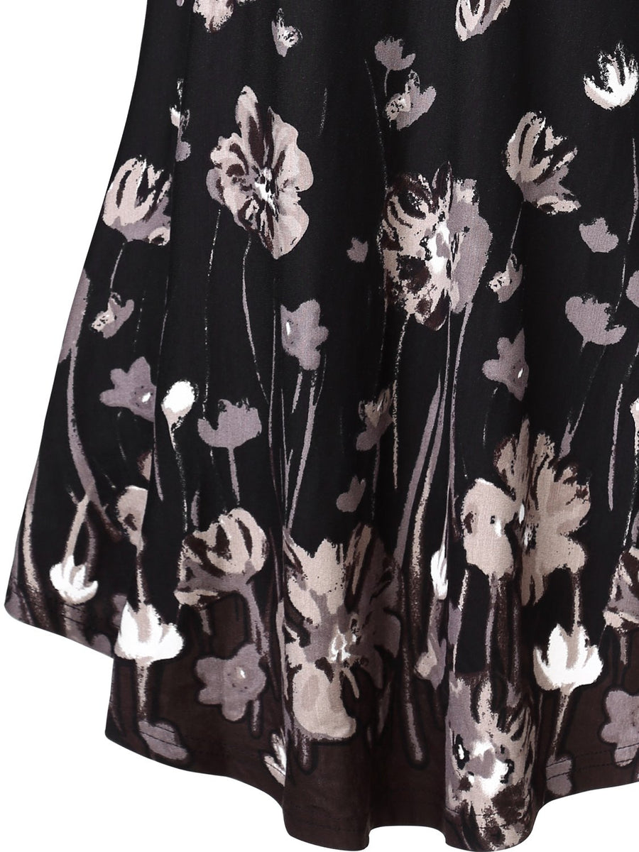 BAISHENGGT Black Floral Women's Long Sleeve Loose Flared Tunic Tops